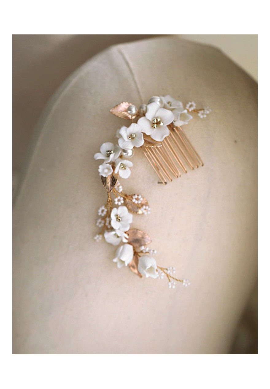 Peigne Cheveux Mariage - Fleurs Blanches et Feuilles Or - Le Printemps