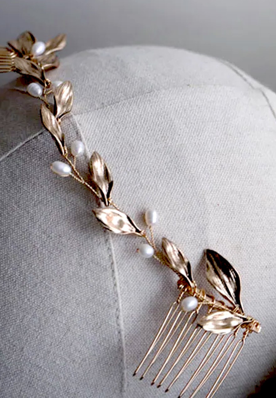 Double Peigne Cheveux Mariage - Fleurs or et perles - Le Délicat