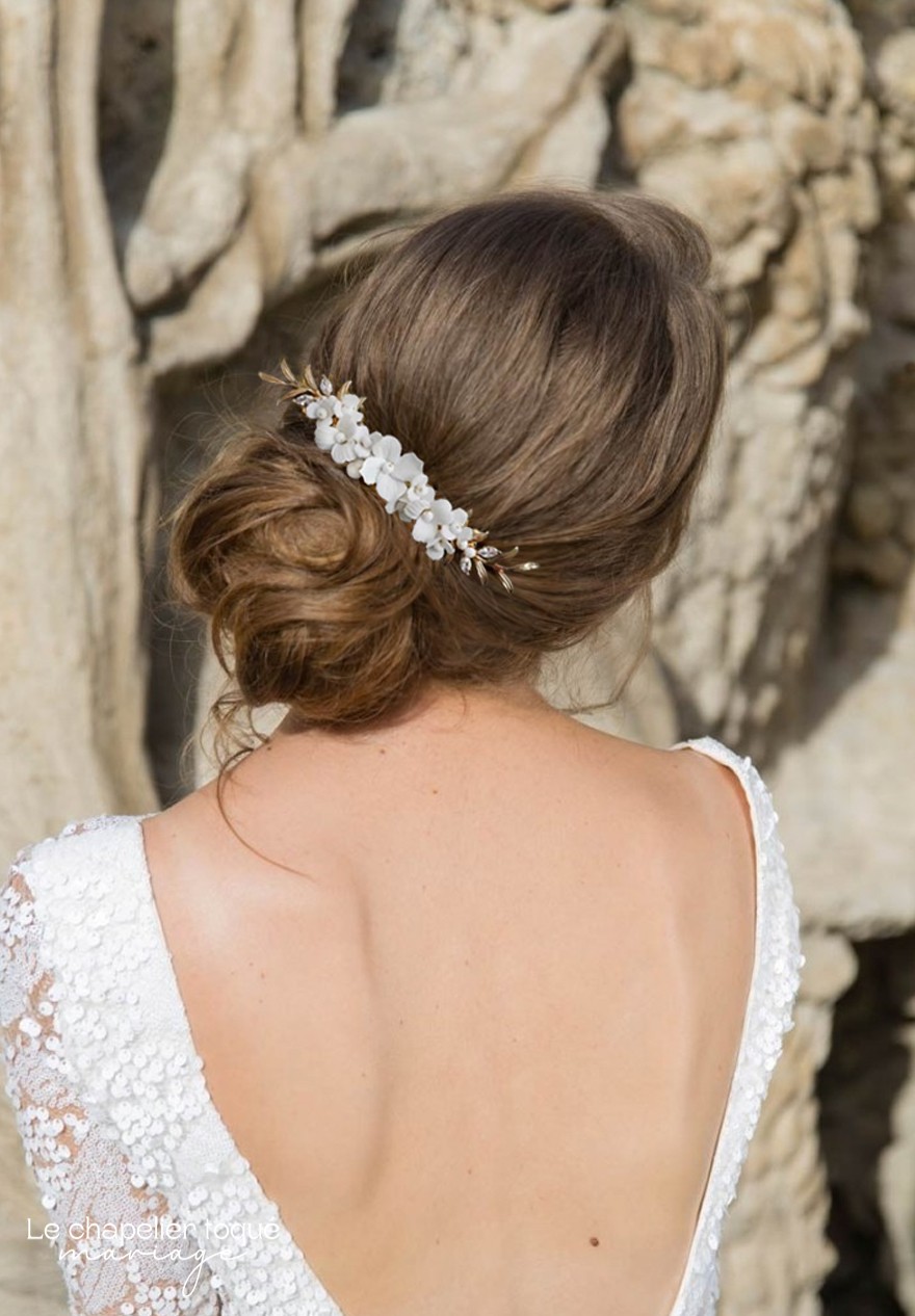 Barrette Cheveux Mariage en Porcelaine et Perles - Justine